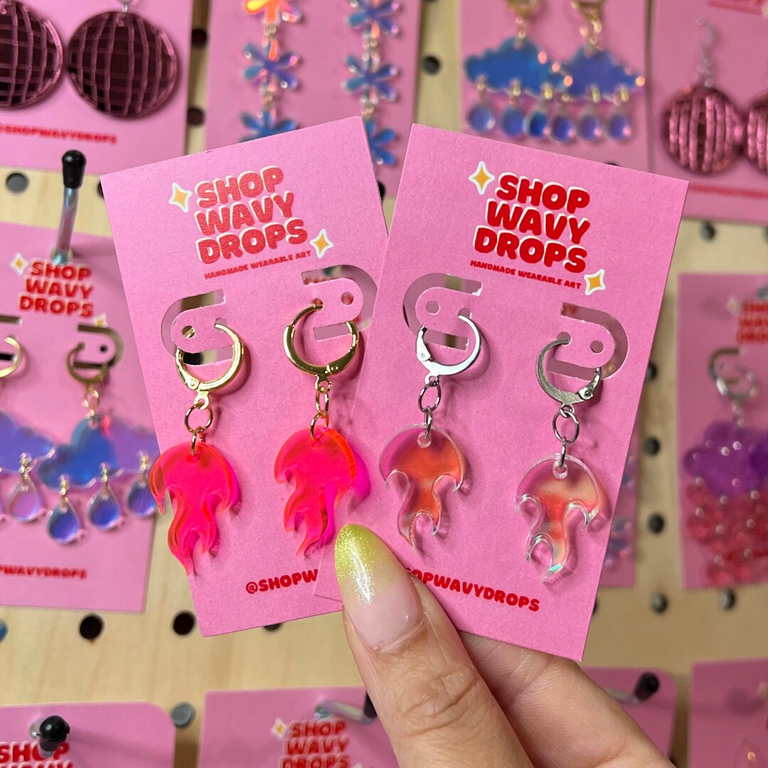 Fluorescent Red/pink Flame Acrylic Huggies, Iridescent Flame Acrylic Huggies - Etsy