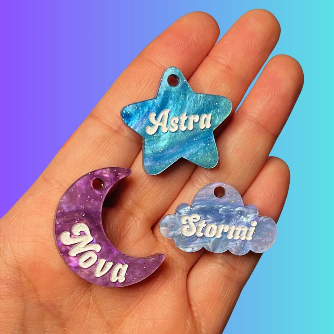 Moons, Stars, and Clouds Dreamy Pet ID Tag, Custom Acrylic Pet Tag ...