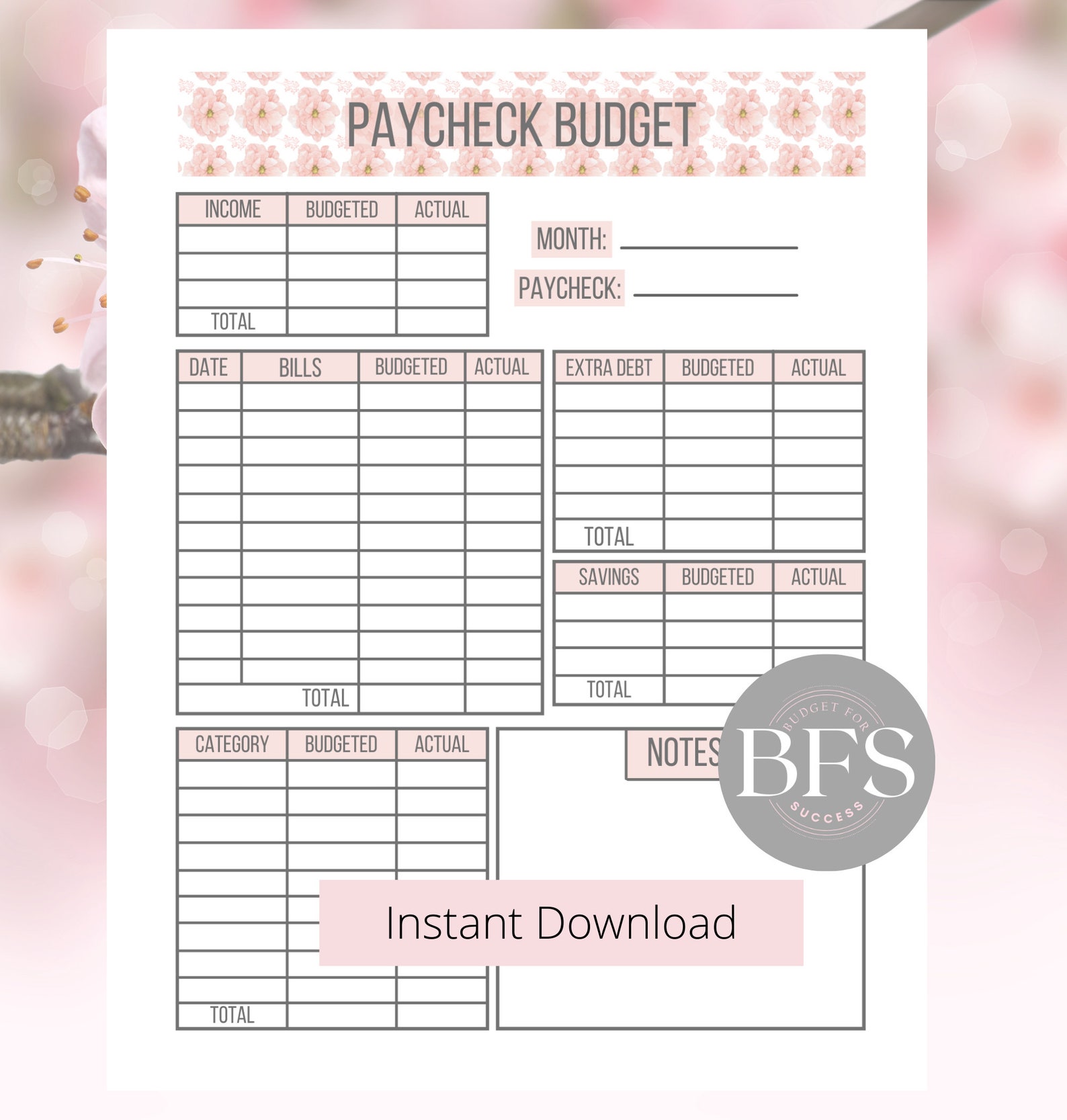 Printable Pink Spring Paycheck Weekly and Bi-weekly Budget Planner ...