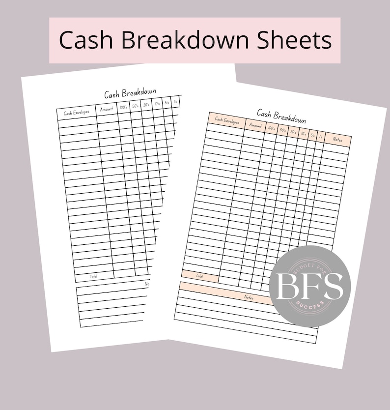 Printable Cash Breakdown Sheets | Planner Sheets | Planner Inserts ...