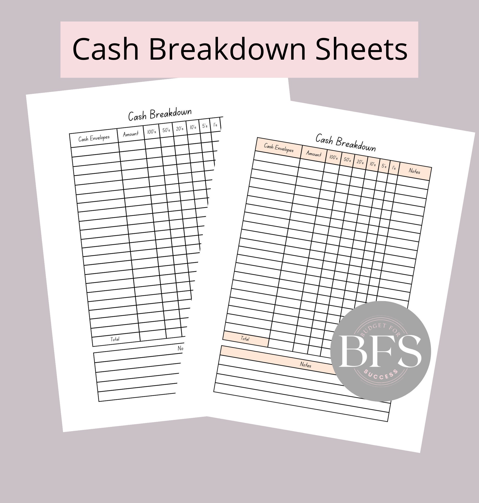 Printable Cash Breakdown Sheets Planner Sheets Planner Inserts Cash ...