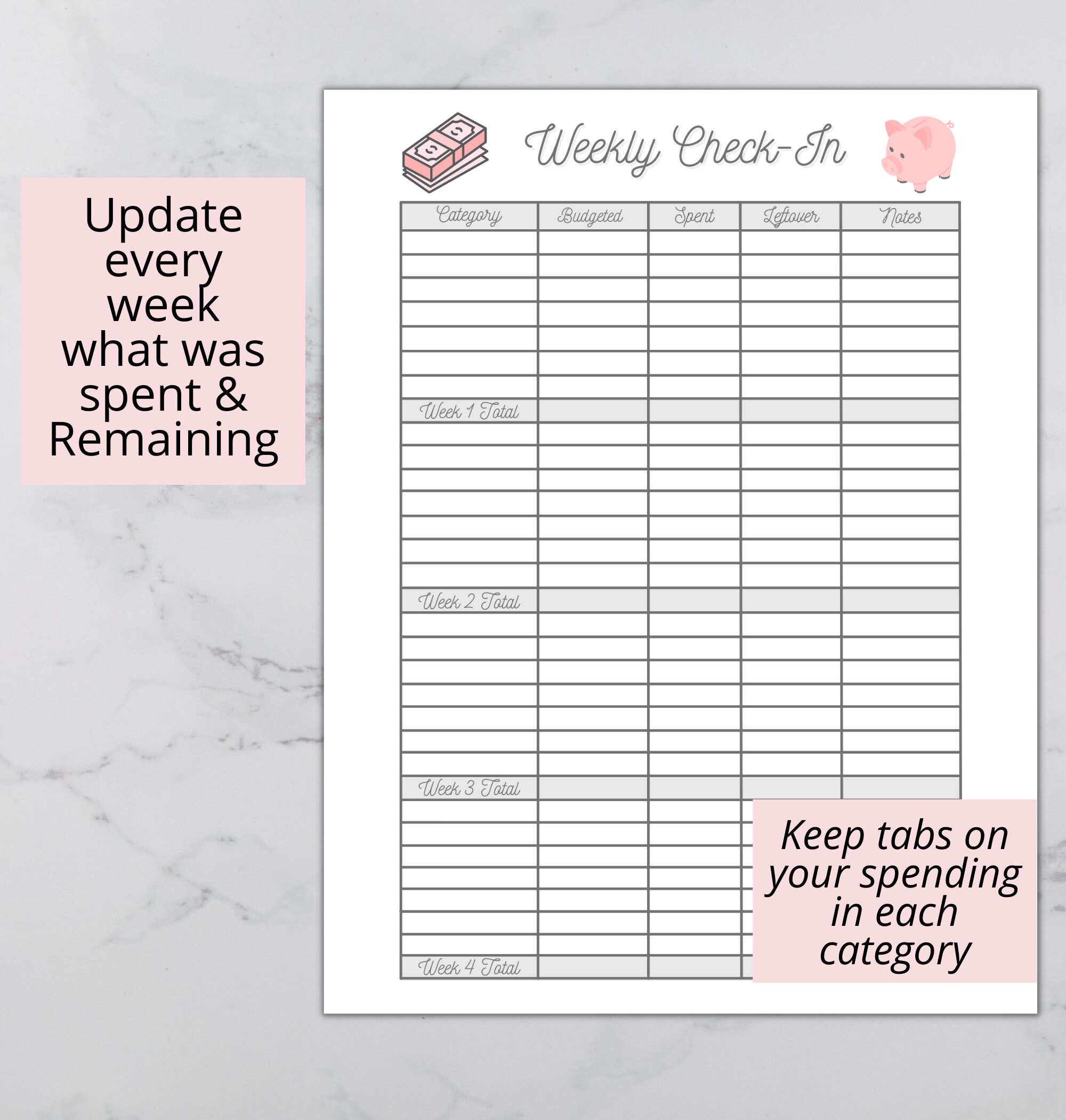 Printable Weekly Check in Worksheet | Budget Planner | Variable ...