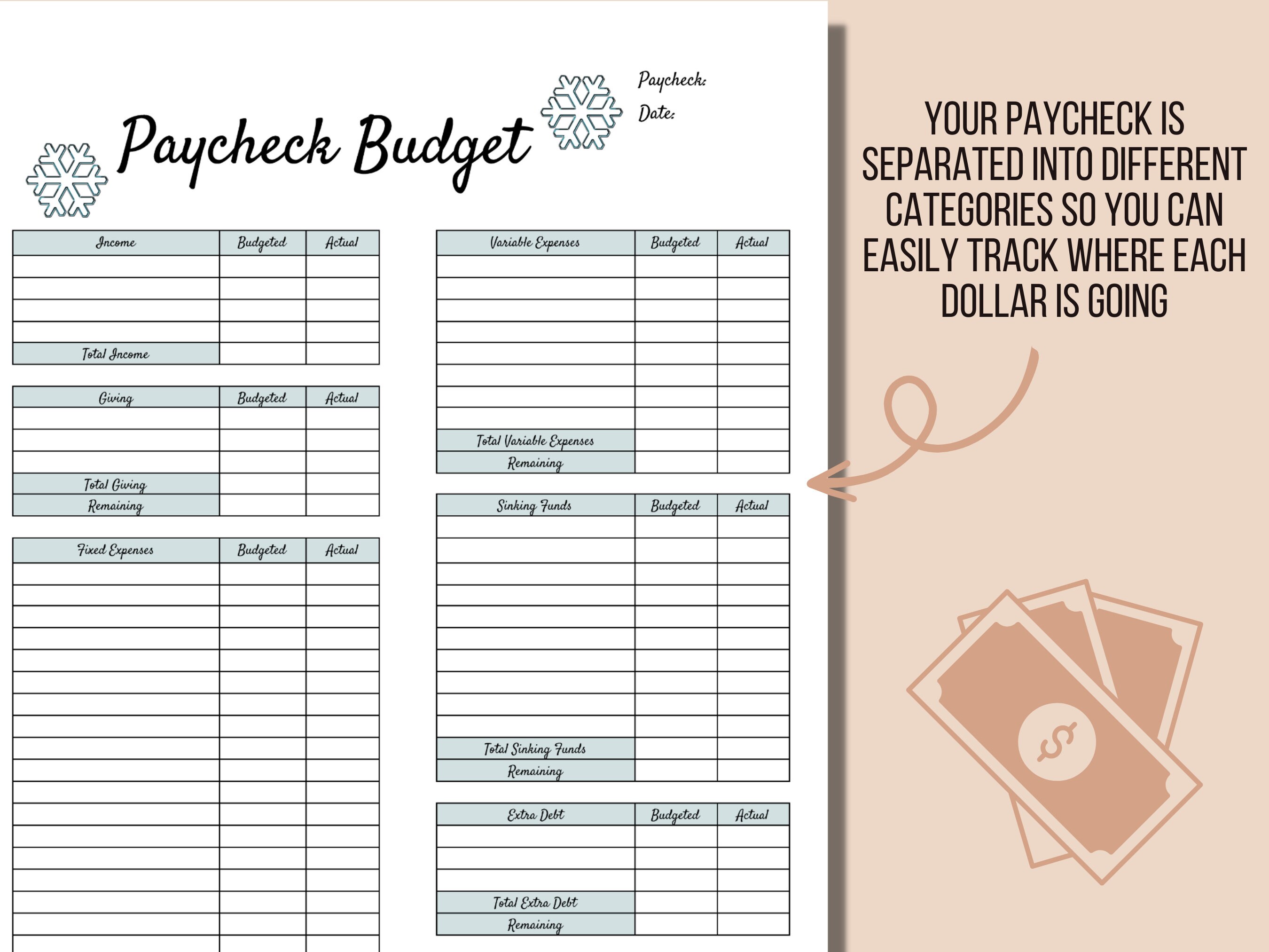 Digital Paycheck Budget Planner Sheet - Instant Download Paycheck ...