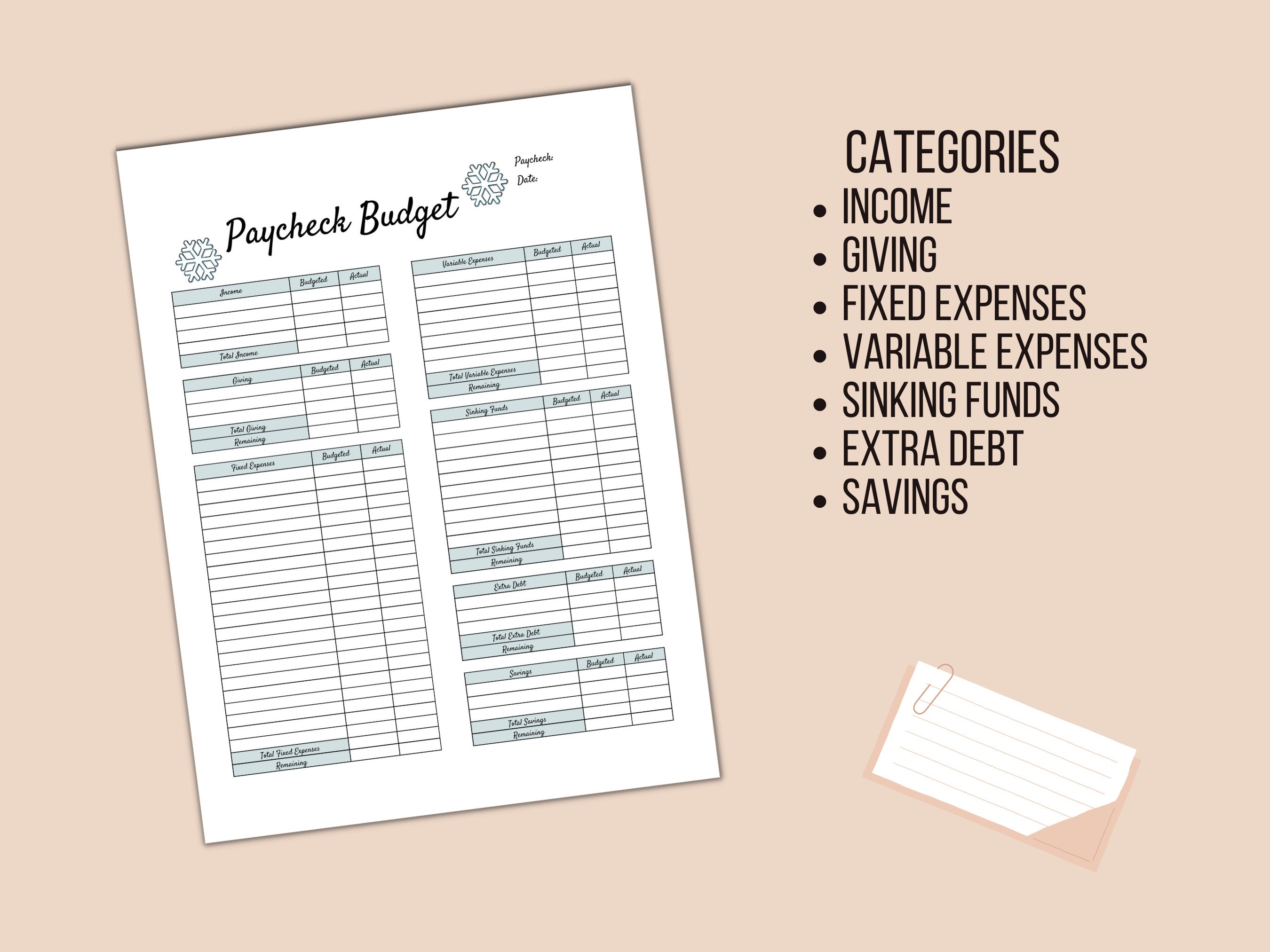 Digital Paycheck Budget Planner Sheet - Instant Download Paycheck ...