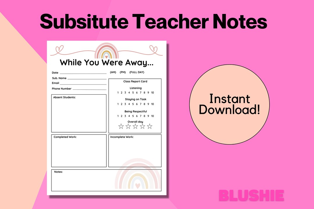 Supply Teacher Template, Rainbow Template, Substitute Teacher Notes ...