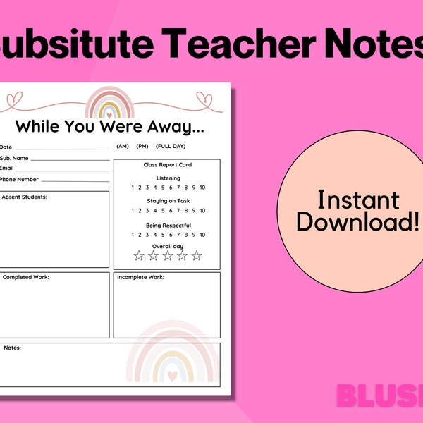 Substitute Teacher Notes Printable - Etsy