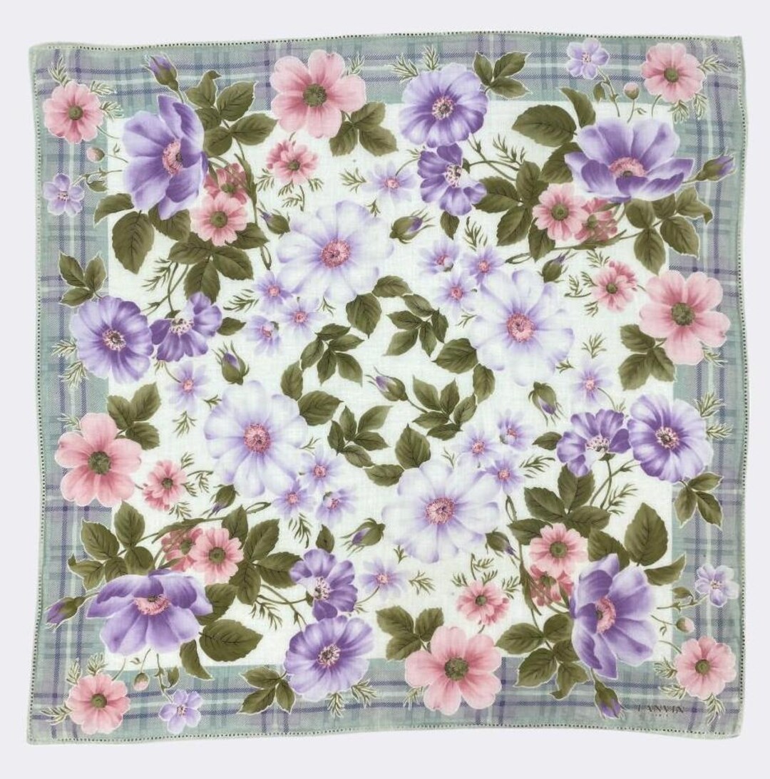 Vintage Lanvin Handkerchief - 90s Floral Roses Tartan Neckerchief ...