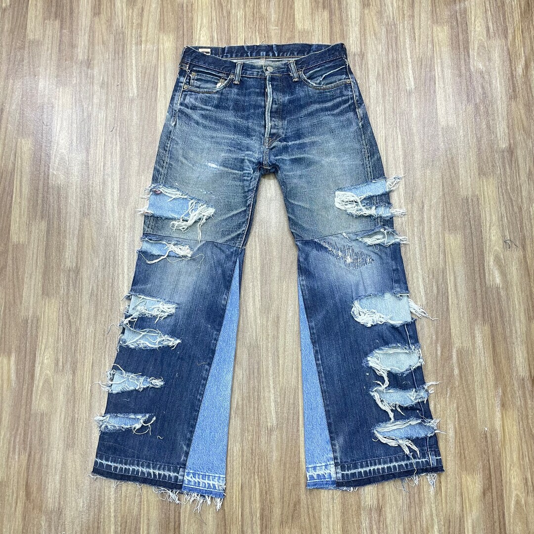 32 X 31 Vintage Momotaro Remake Jeans, Distressed Layered Denim Pants ...