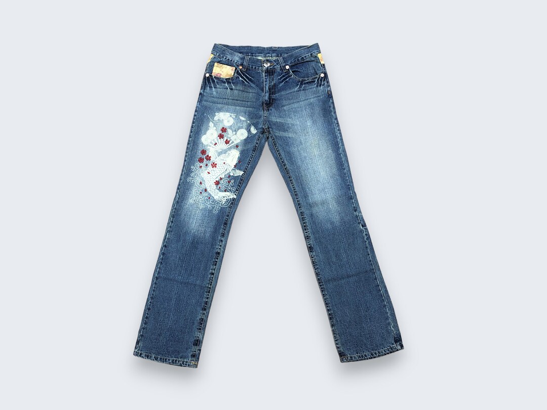 33 X 35 Vintage Koi Fish Japan Motif Jeans Distress Faded Medium Wash ...