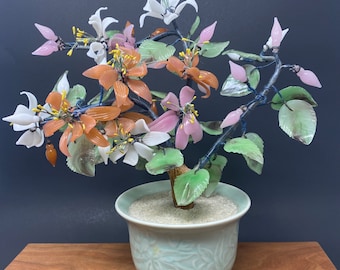 Chinese Jade Bonsai Tree/ Genuine Jade / Pink & Yellow Flowers /glass ...