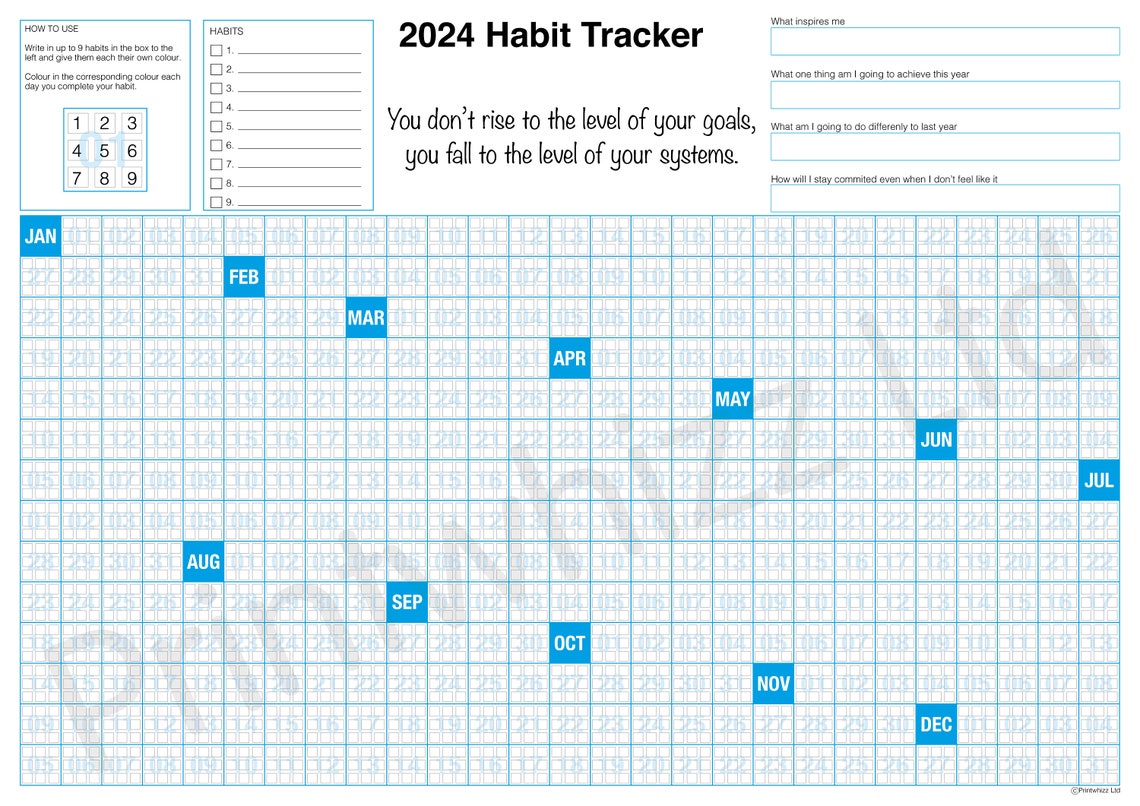 2024 Yearly Habit Tracker A3 Poster Printed Onto 160gsm Card Supplied ...