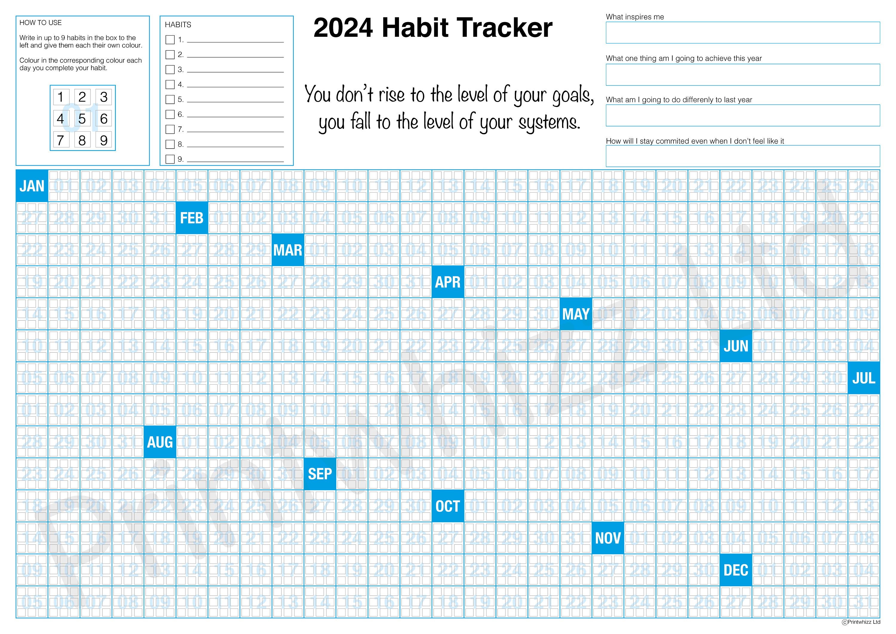 2024 Yearly Habit Tracker A3 Poster Printed Onto 160gsm Card Supplied ...