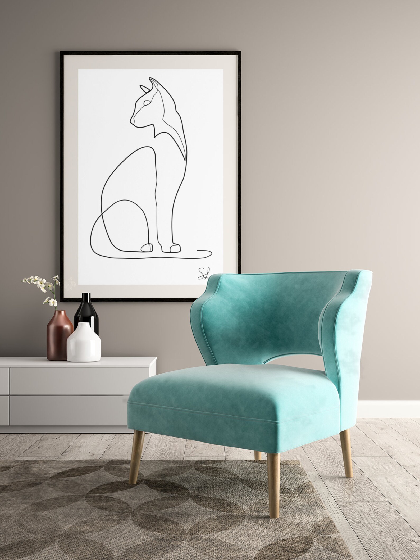 Printable Minimalist Sitting Cat One Line Wall Art Print | Etsy