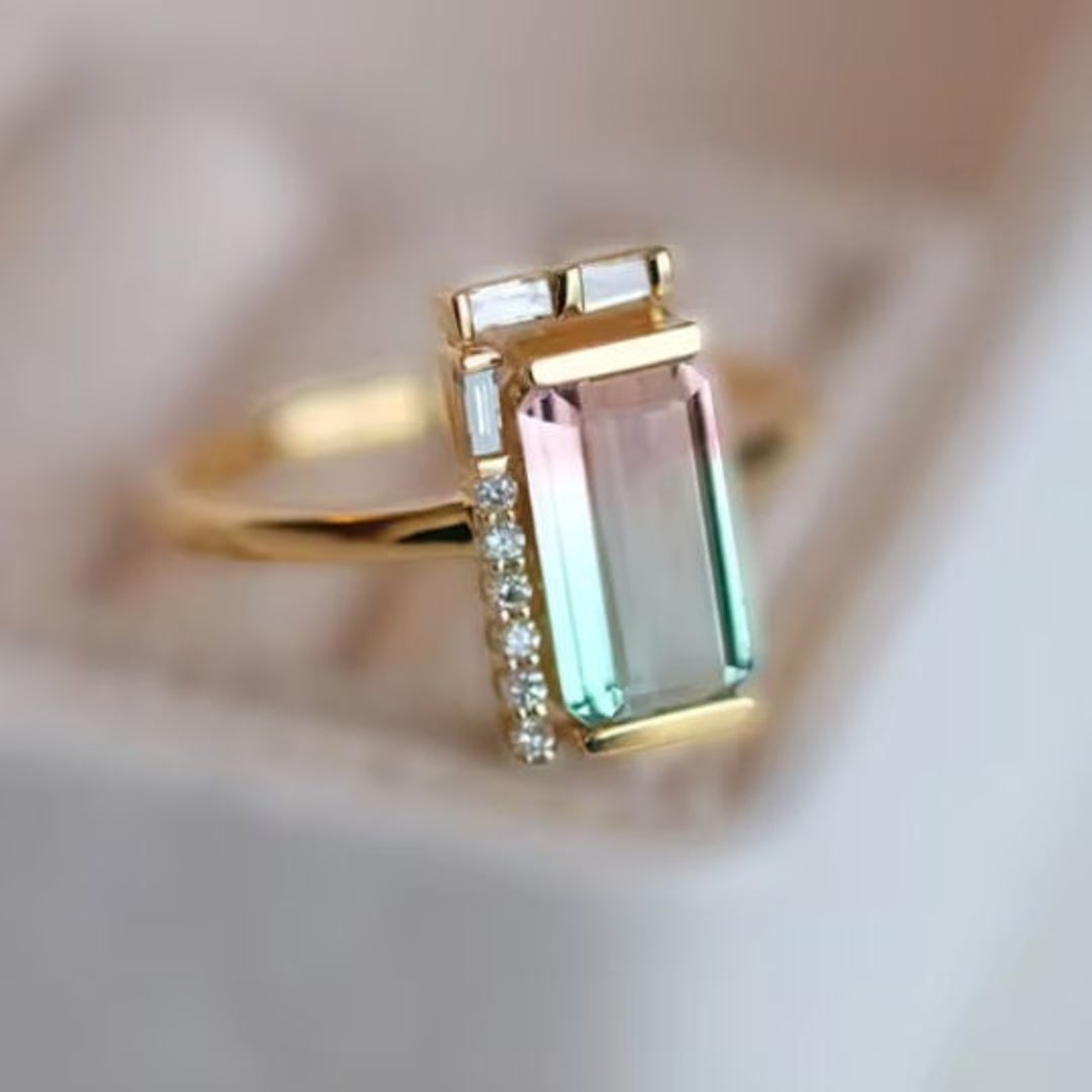 14K Gold Emerald Cut Watermelon Tourmaline Engagement Ring, Unique Vintage Two Tone Watermelon ...