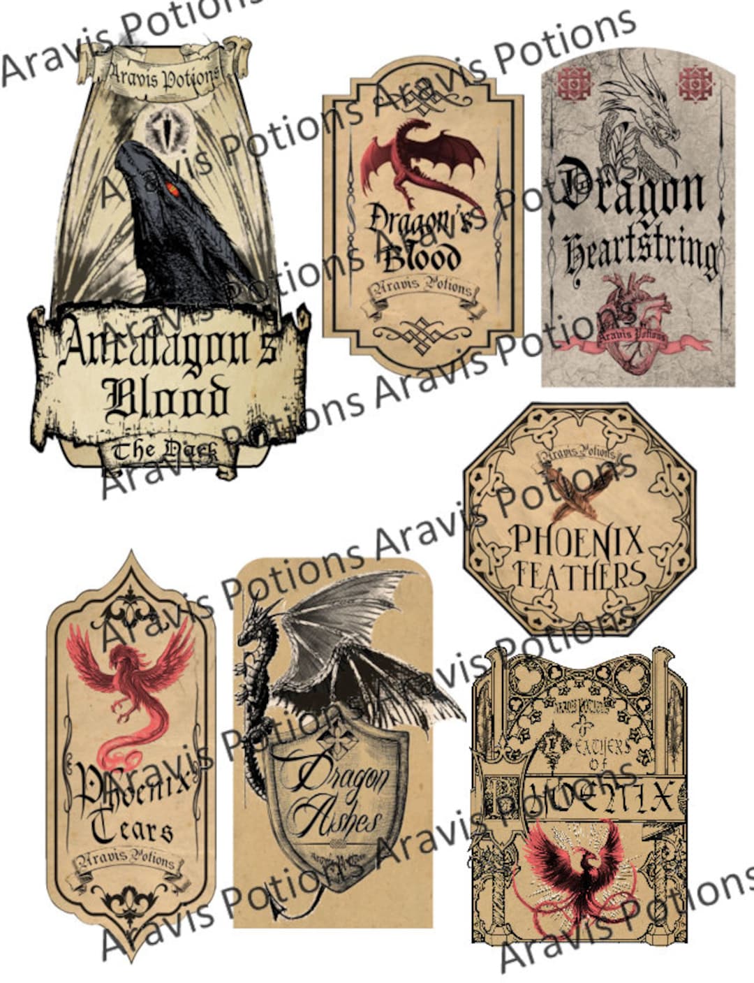 Dragon and Phoenix Labels, Decorative Labels for Bottles Potion ...