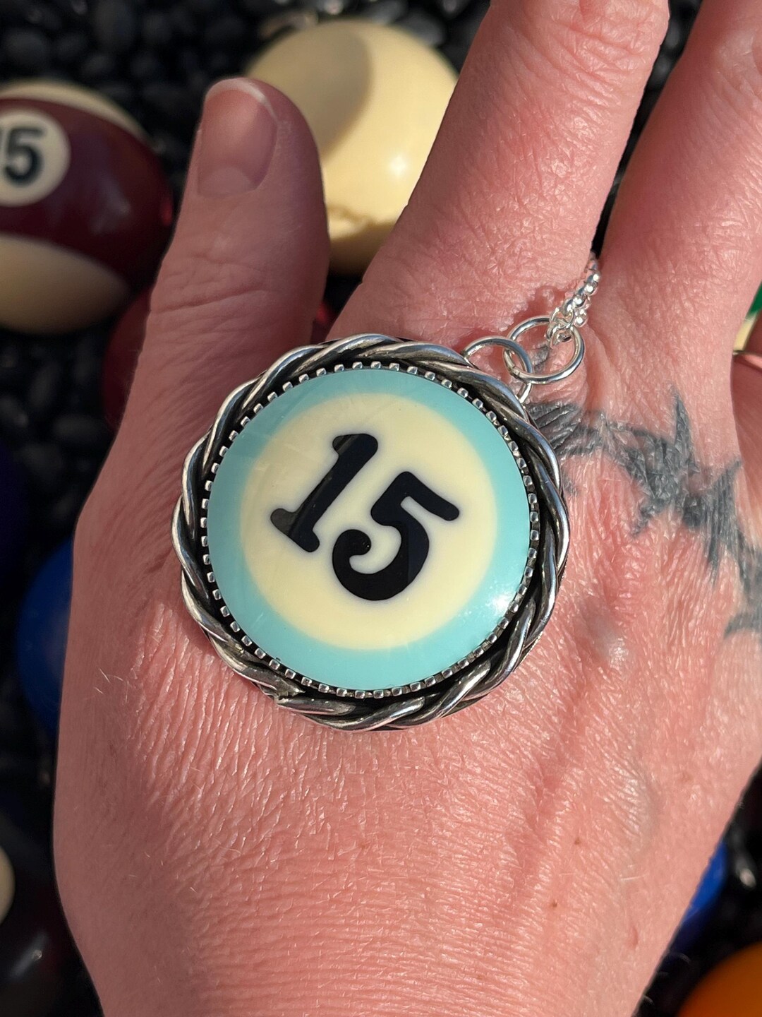 Turquoise Lucky 15 Ball Reclaimed Pool Ball Pendant. Handmade Sterling ...