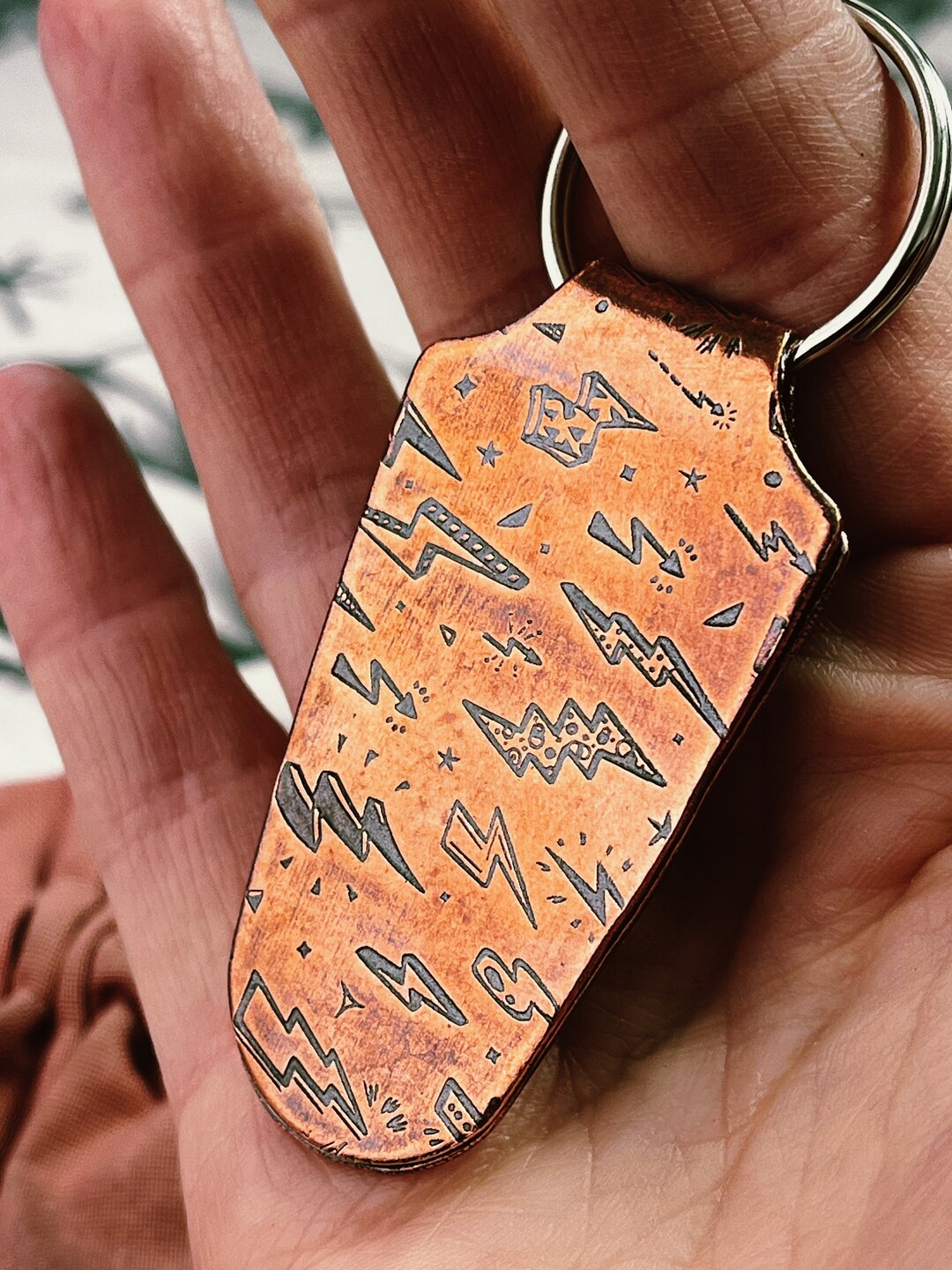 Personalised Copper Lightning Bolt Keyring. Hand Stamped Custom Keyring ...