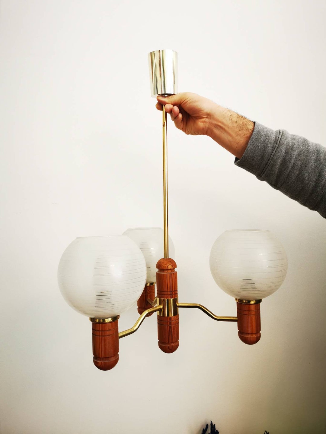 Vintage Wooden Lamp Made in Germany Gold Glass - Etsy