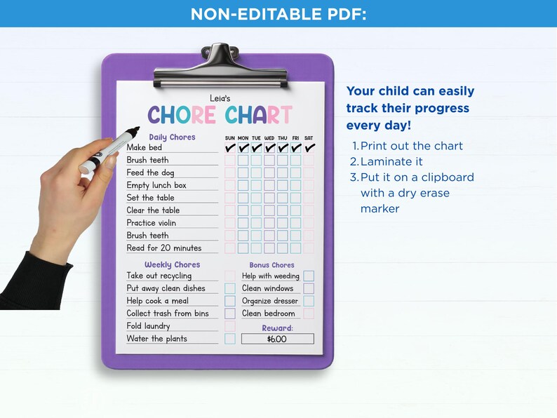 Editable Kids Daily Chore Chart, Printable Cleaning Chart, Weekly ...