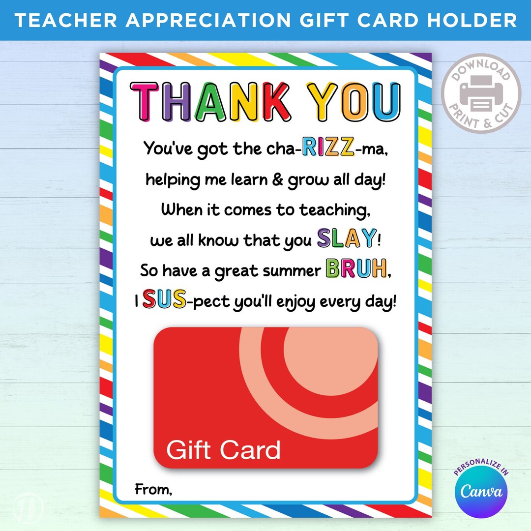 Funny Teacher Appreciation Gift Card Holder, Printable 5x7 Thank You ...