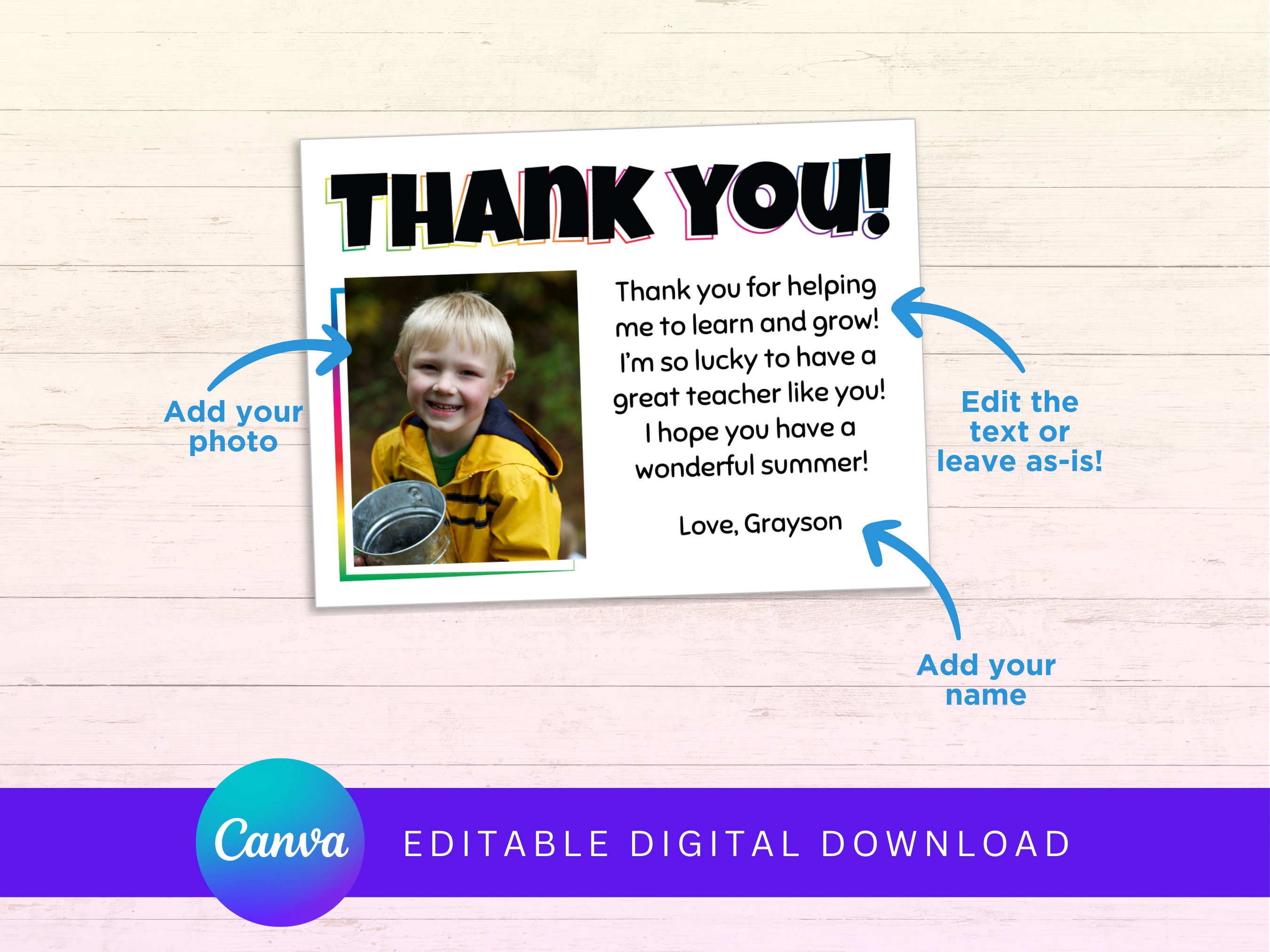 Editable Teacher Thank You Card: Photo Gift Tag Bundle (canva Template ...