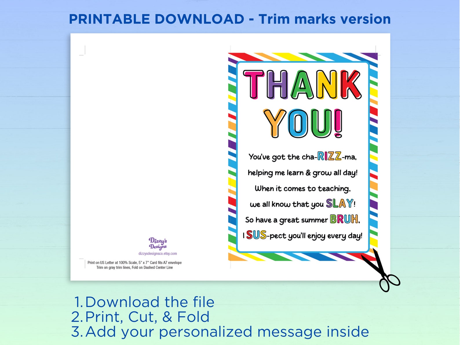 Funny Teacher Appreciation Printable 5x7 Card, Teacher Thank You Card ...