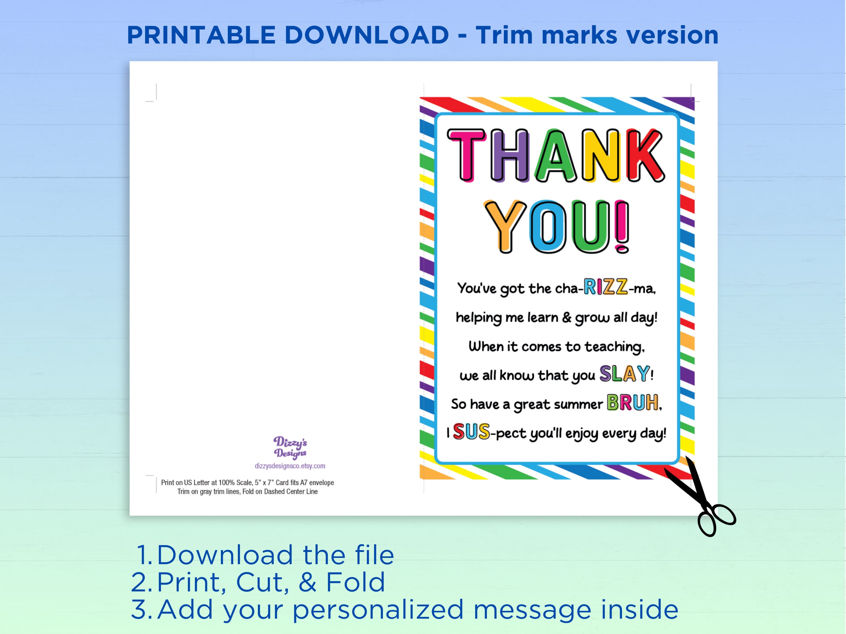 Funny Teacher Appreciation Printable 5x7 Card, Teacher Thank You Card ...