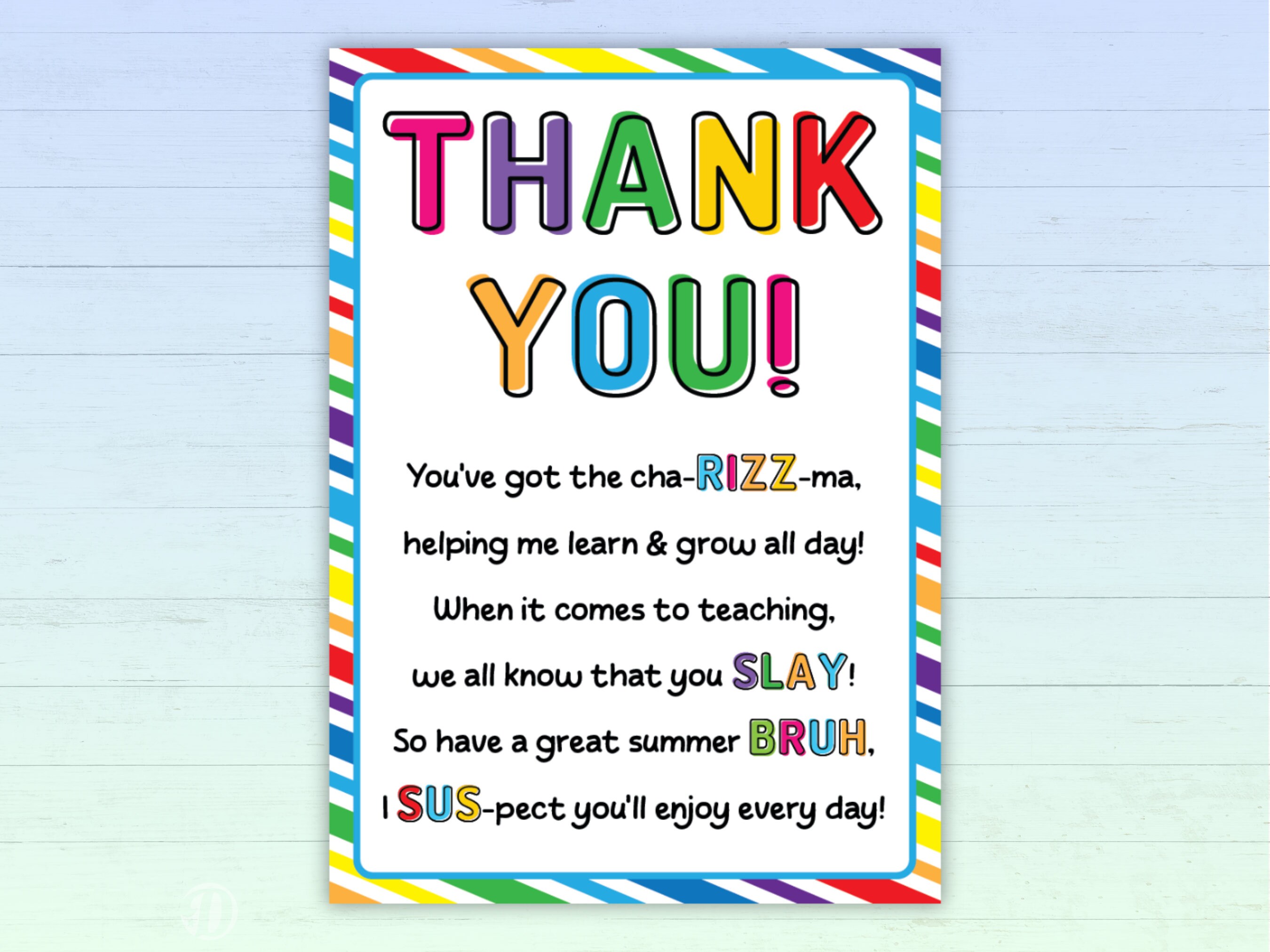 Funny Teacher Appreciation Printable 5x7 Card, Teacher Thank You Card ...