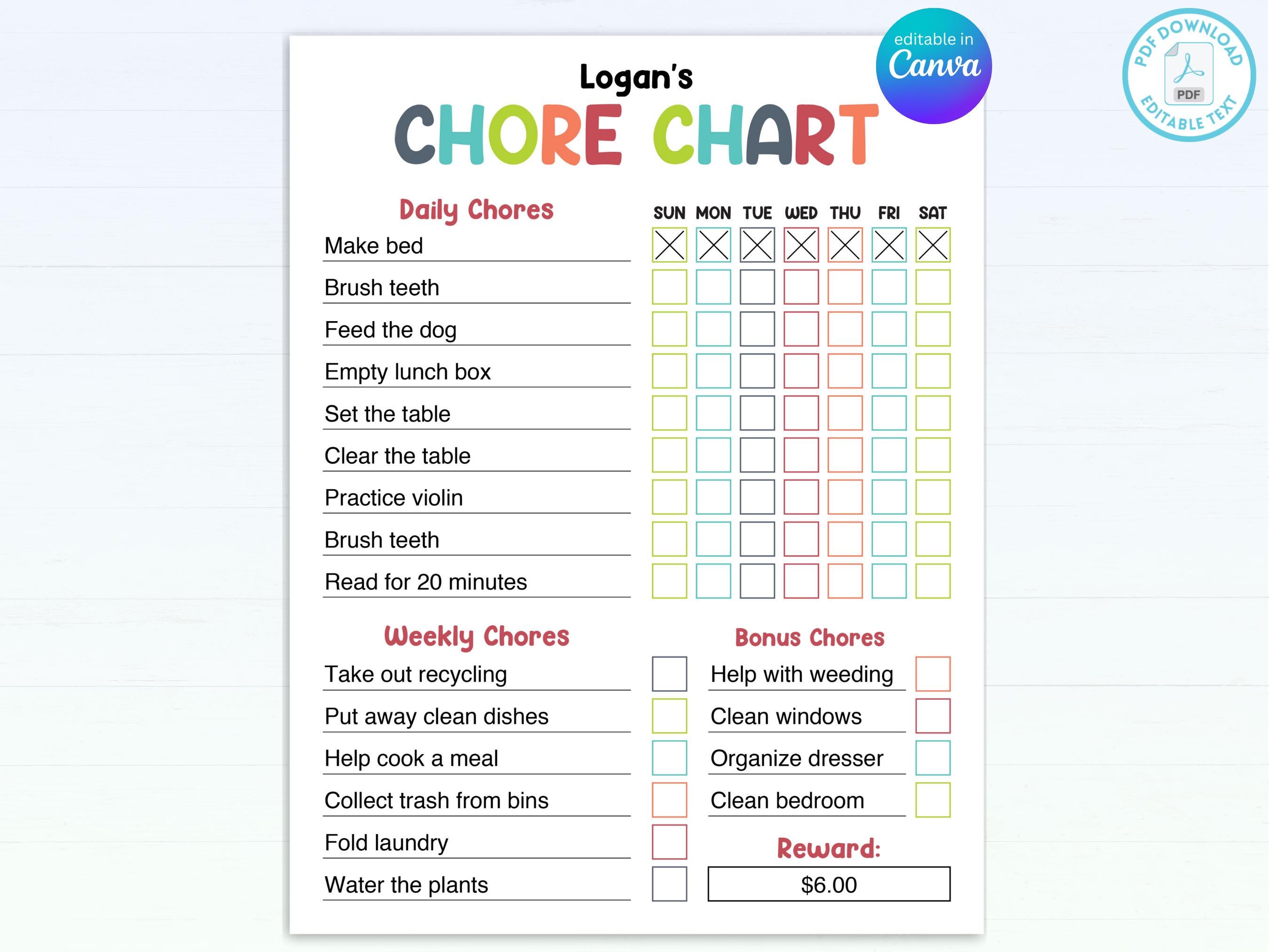 Editable Kids Daily Chore Chart, Printable Cleaning Chart, Weekly ...