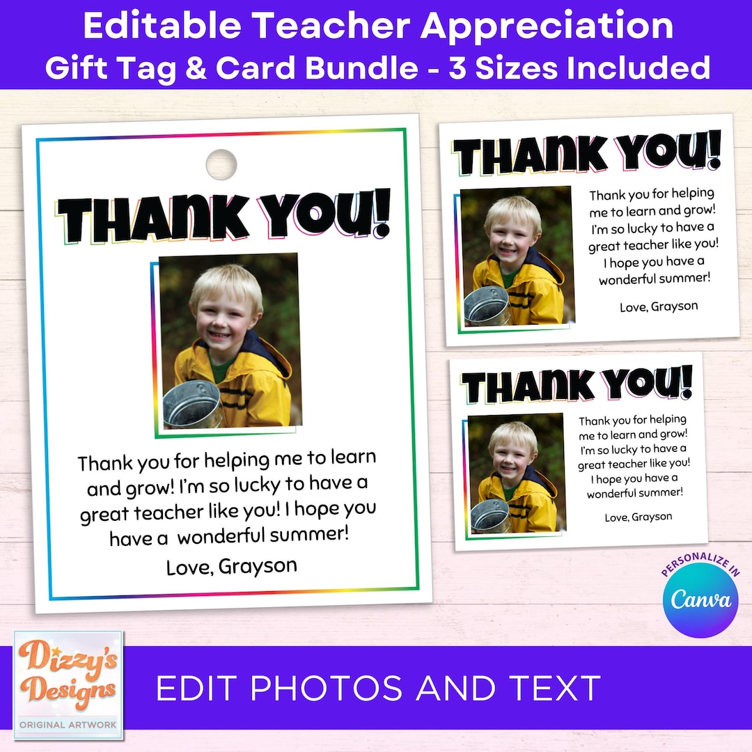 Editable Teacher Thank You Card: Photo Gift Tag Bundle (canva Template ...