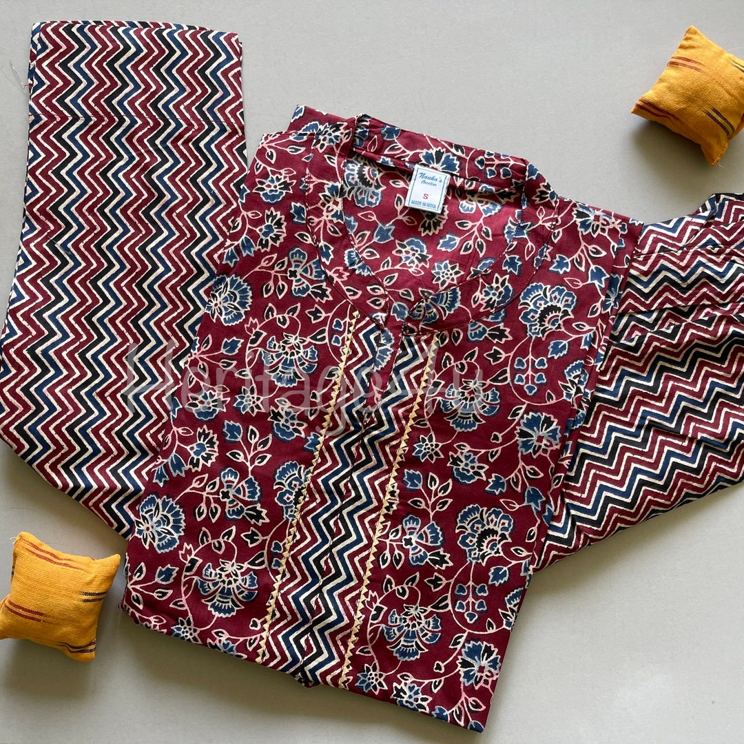 Maroon Block Print Kurta Pant Set - Etsy