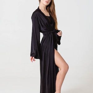 Long Bridesmaid Robes for Women Satin Silk Bridal Dressing Gown Black ...