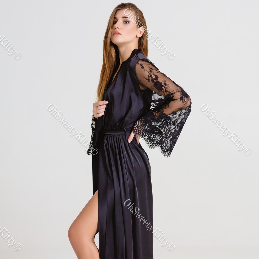 Bride Robe for Goht Wedding Black Robe Long With Lace Bridesmaid Robe ...
