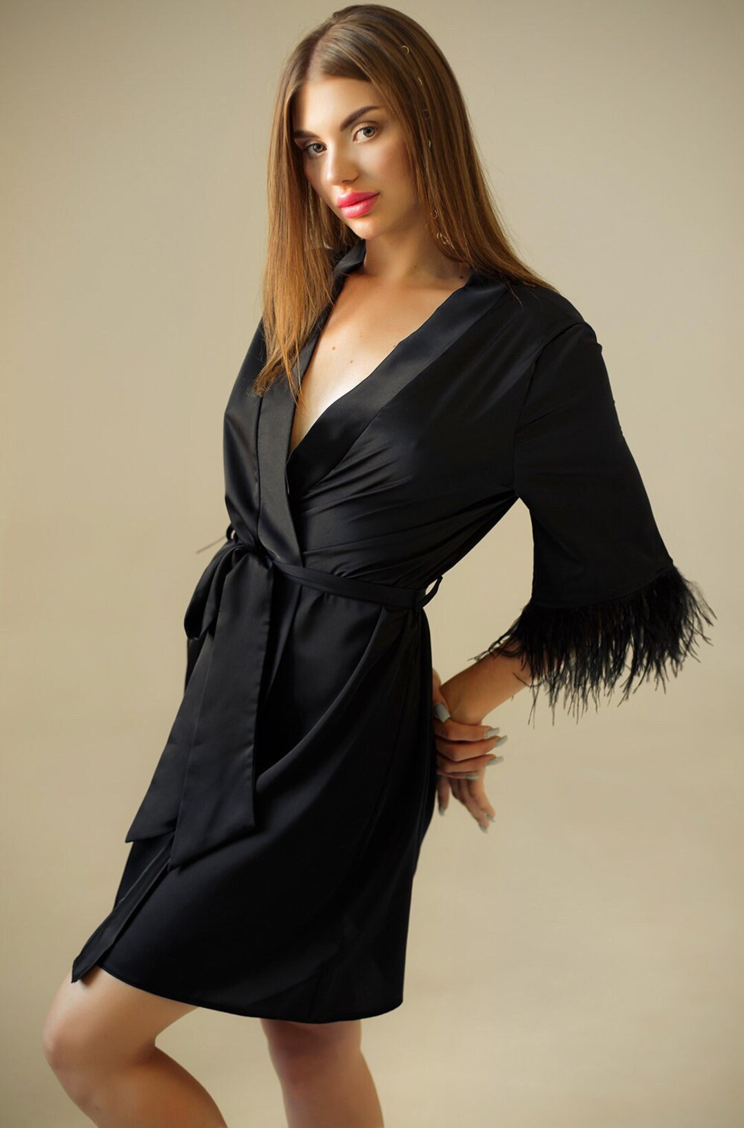 Feather Bridal Silk Satin Robe for Bride Short Black Kimono Robe for ...