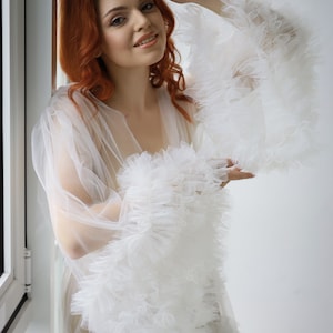 Long Bridal Robe With Train Sheer Tulle Ruffle Robe Boudoir Robe - Etsy