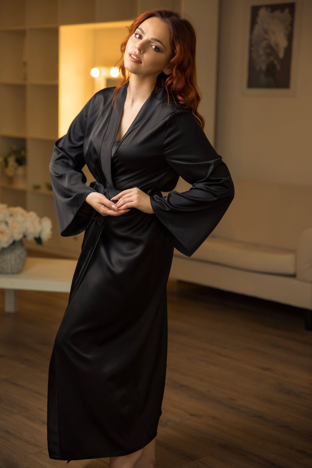 Black Robe Long for Women Gothic Kimono Robe Women's Boudoir Satin Silk ...