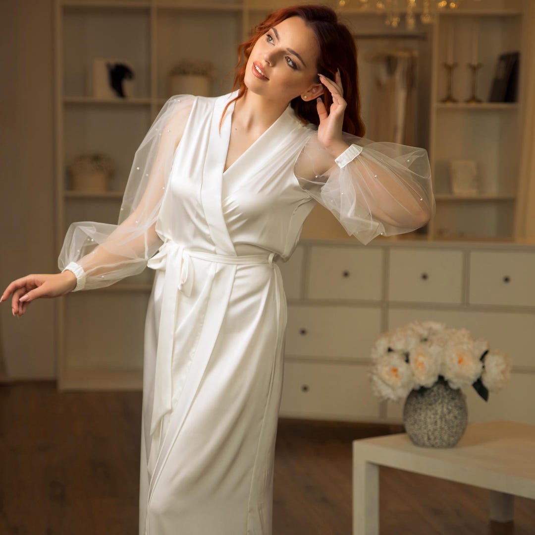 Bridal Robe Long With Pearls for Bride Getting Ready Luxury White ...