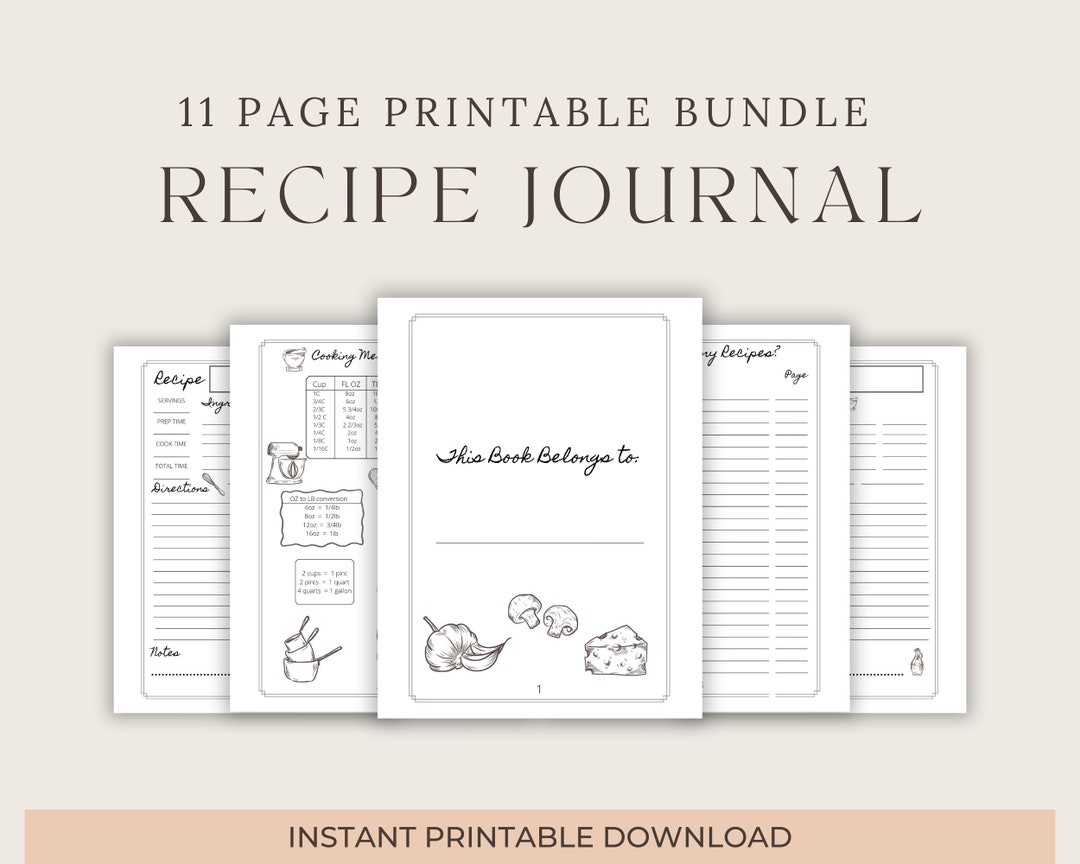 Recipe Journal, Printable Recipe Pages With Measurements and Appendix ...