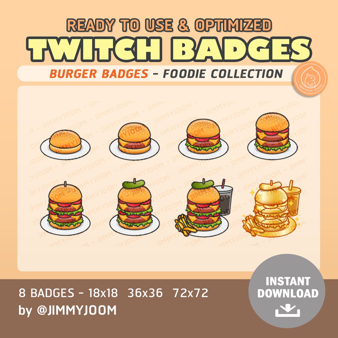 8x Twitch Sub Badges / Cute Kawaii Food Burger Badges Pack / Golden ...