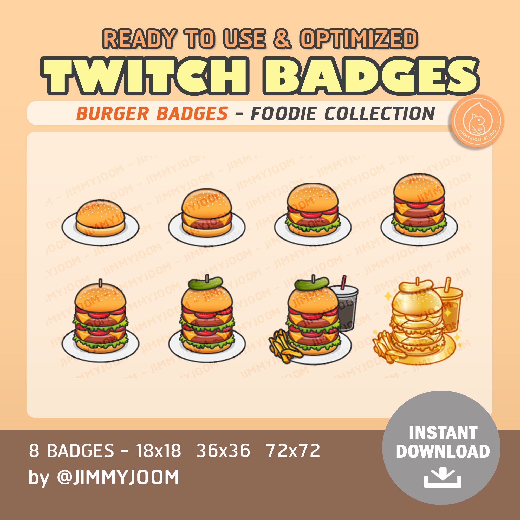 8x Twitch Sub Badges / Cute Kawaii Food Burger Badges Pack / Golden ...