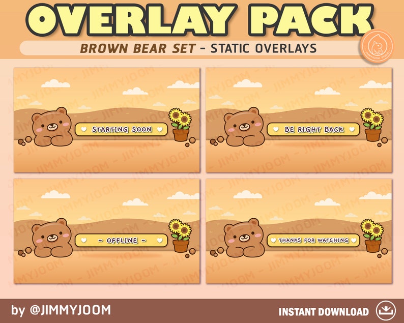 Cute Kawaii Brown Bear Overlay Pack / Webcam Overlay / Waiting Screens ...