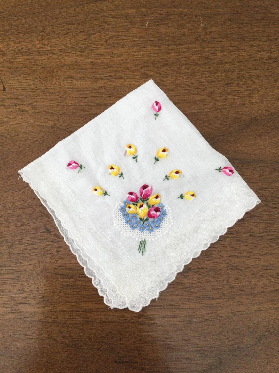 Colorful Floral Embroidered Handkerchief Pink Yellow and - Etsy
