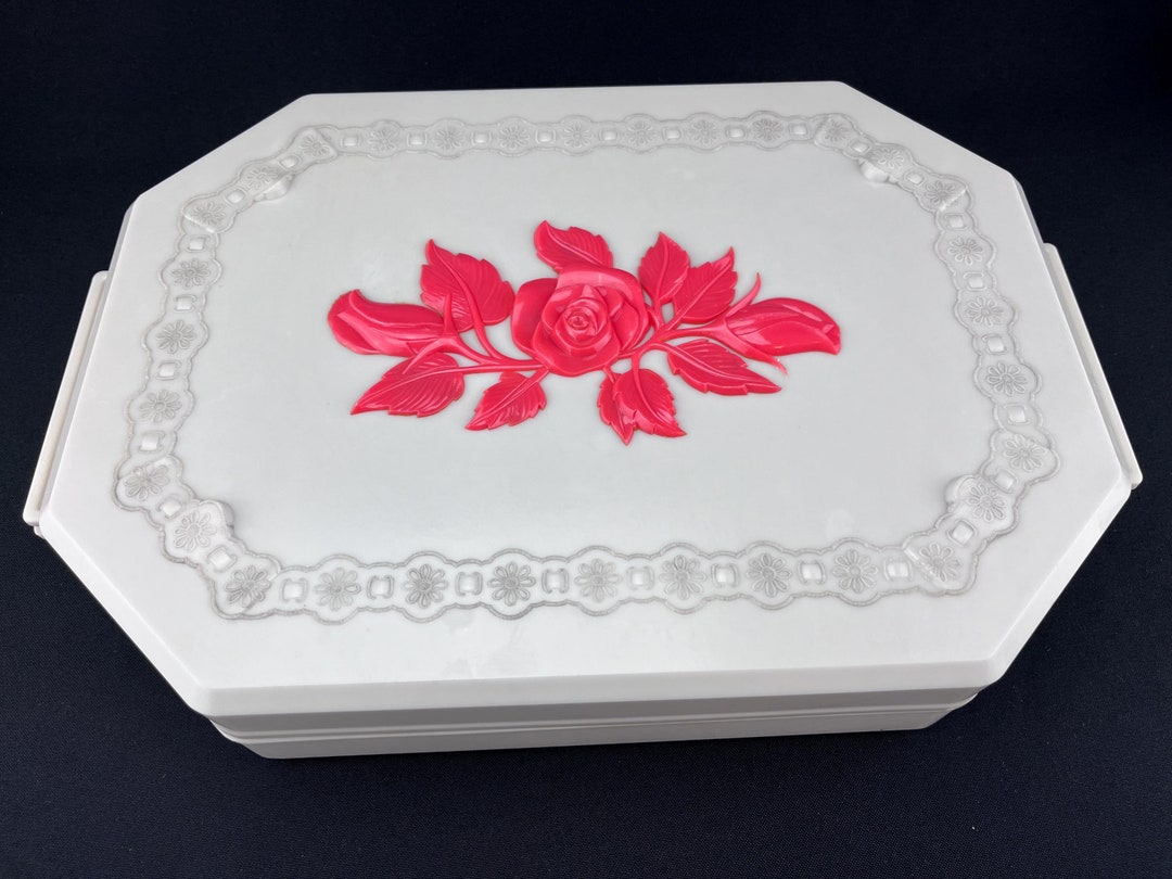 Vintage Vanity Box With Red Rose Flower Detail 15.5 Large Gray Plastic ...