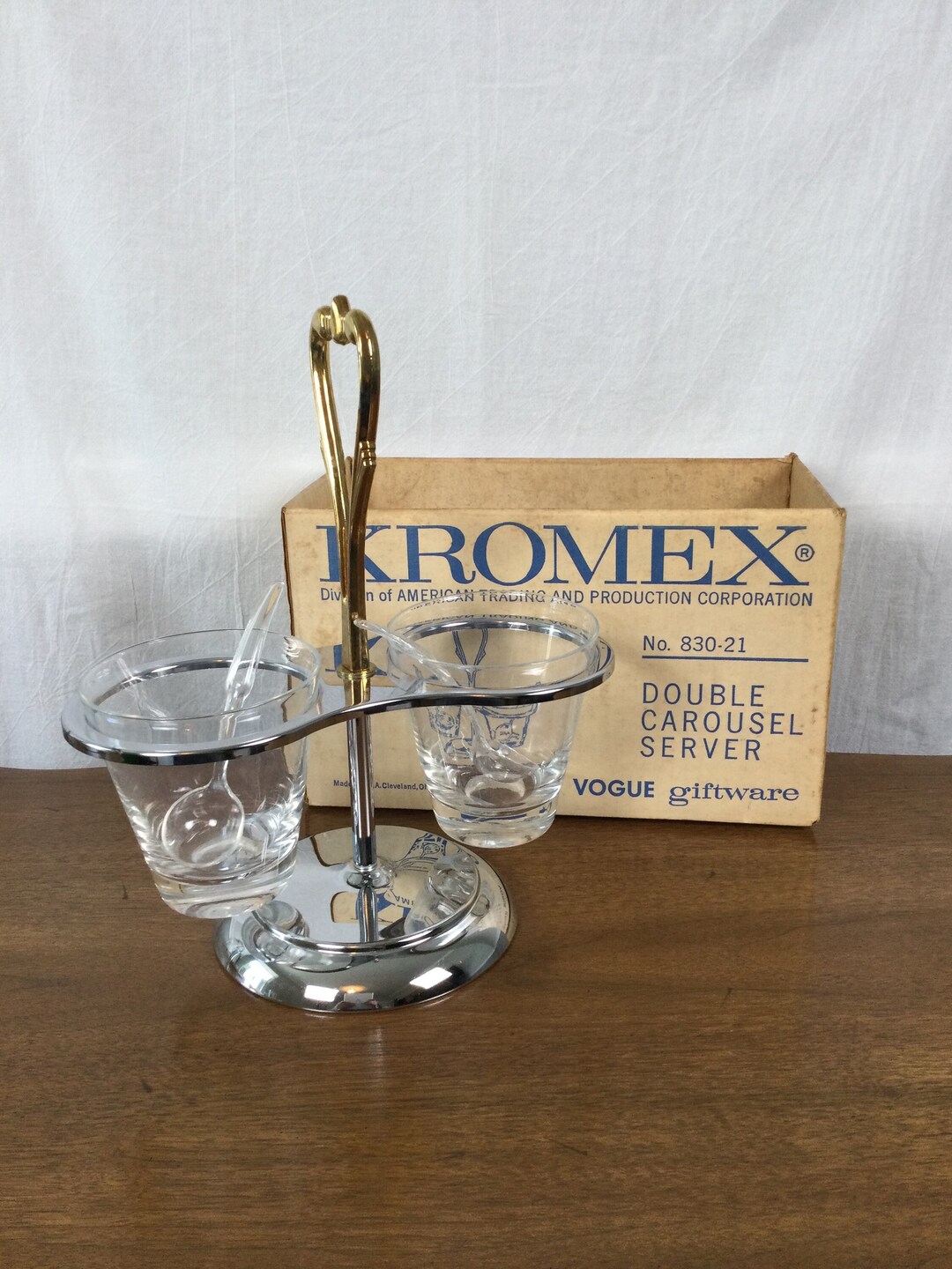 Vintage Kromex Chrome and Gold Condiment Set Double Carousel Glass ...