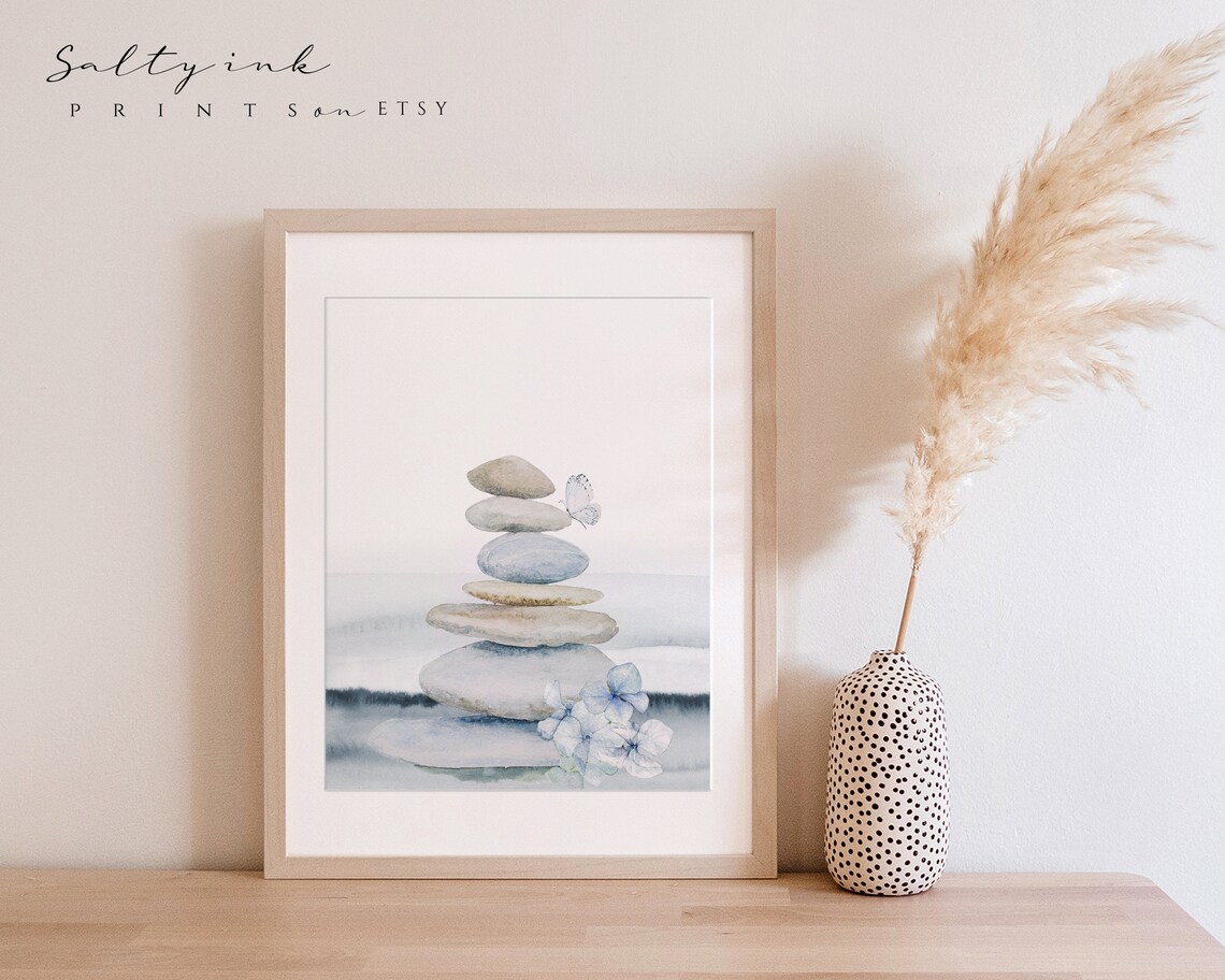 Pastel Blue River Stone Wall Art ,butterfly and Stacking Stone Zen Wall ...