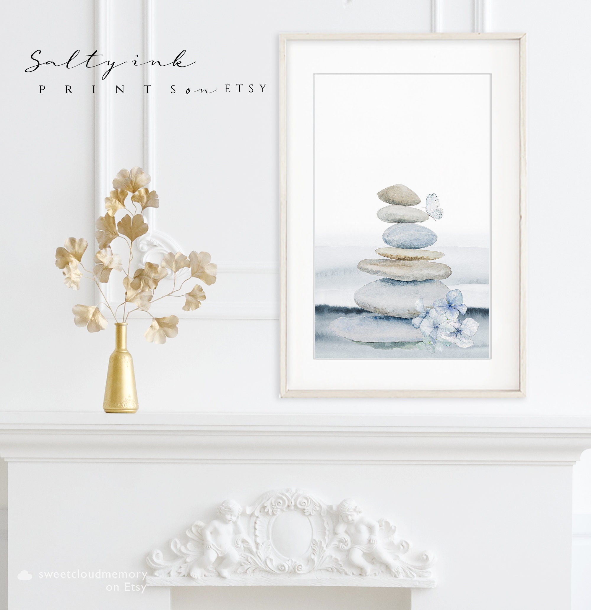 Pastel Blue River Stone Wall Art ,butterfly and Stacking Stone Zen Wall ...