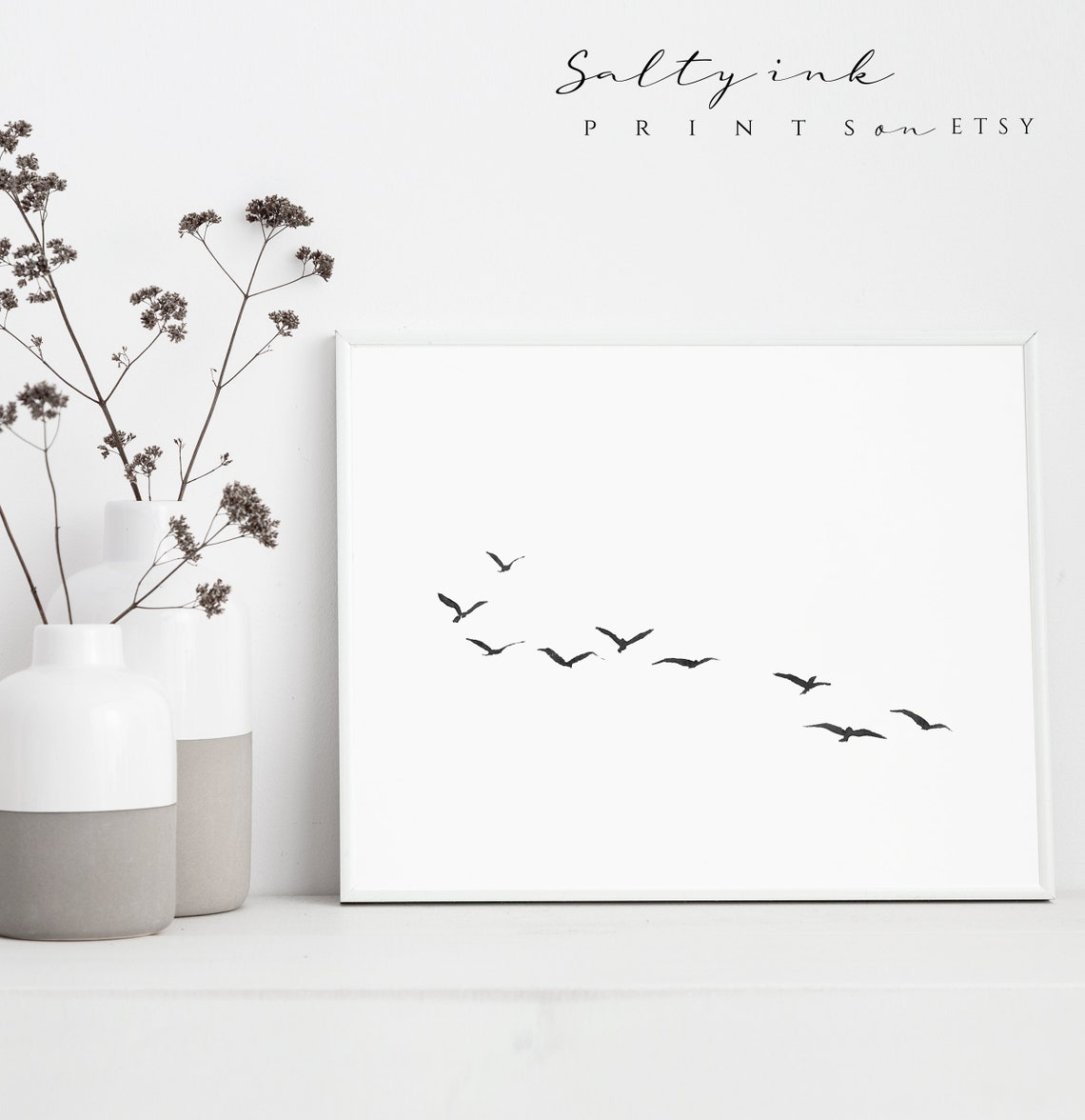 Flying Birds Wall Art, Bird Ink Drawing Prints,birds Art Prints,flock ...