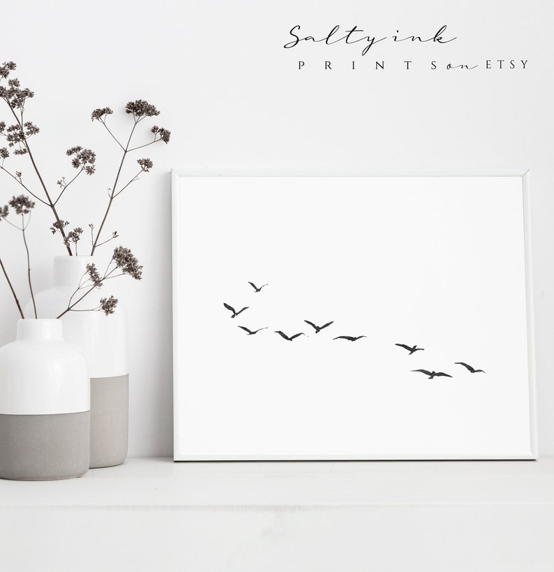 Flying Birds Wall Art, Bird Ink Drawing Prints,birds Art Prints,flock ...