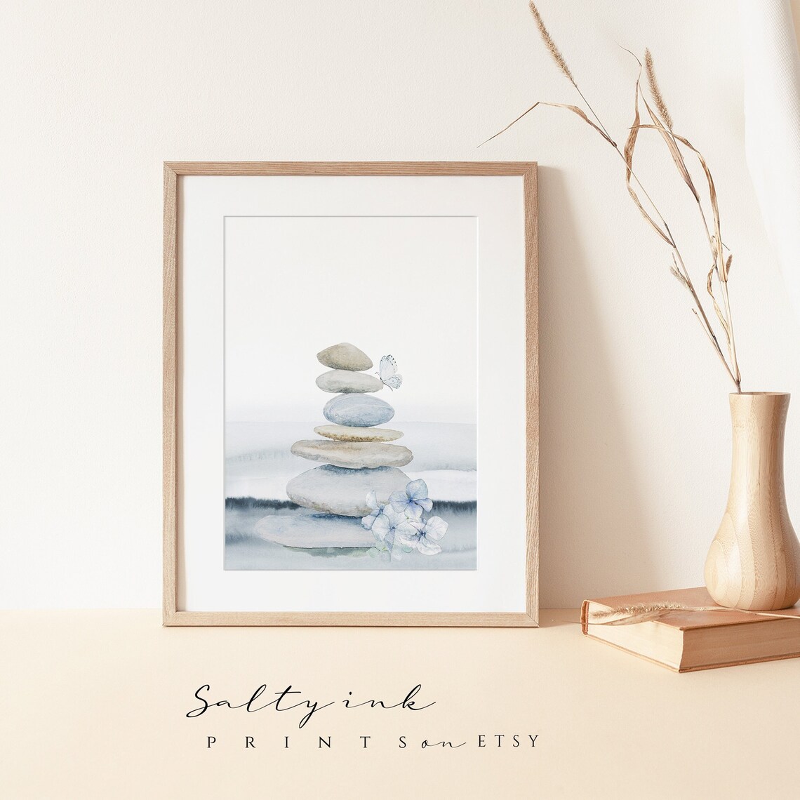 Pastel Blue River Stone Wall Art ,butterfly and Stacking Stone Zen Wall ...