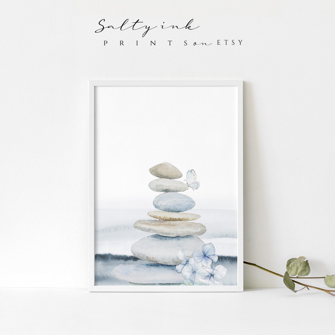 Pastel Blue River Stone Wall Art ,butterfly and Stacking Stone Zen Wall ...
